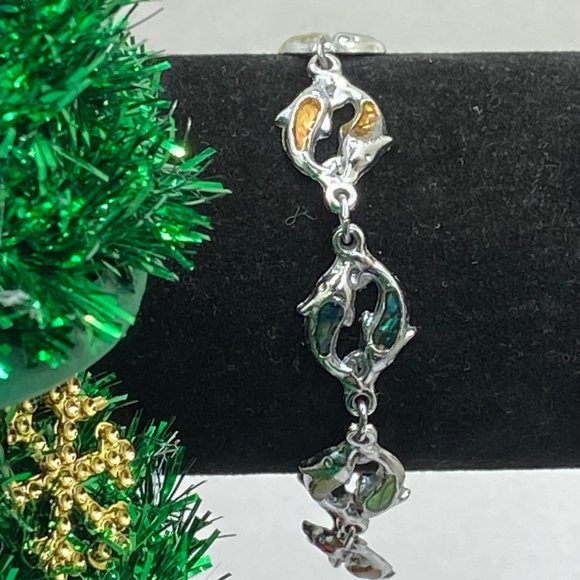 Jewelry | Vintage Paua Shell Inlay Dolphins Figural Silver Tone Link ...